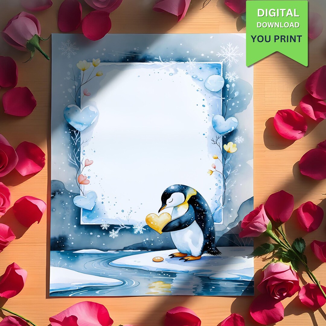 Adorable Penguin Valentine Digital Paper – Winter Love Stationery With ...