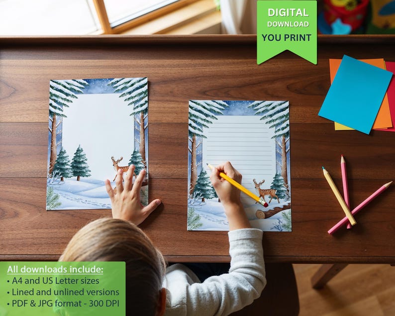 Winter Forest Deer Writing Paper - A4 US Letter Printable Stationery ...