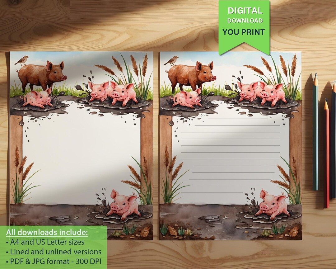 Playful Farm Animals Digital Paper | Cute Pigs in Mud Stationery | Kids ...