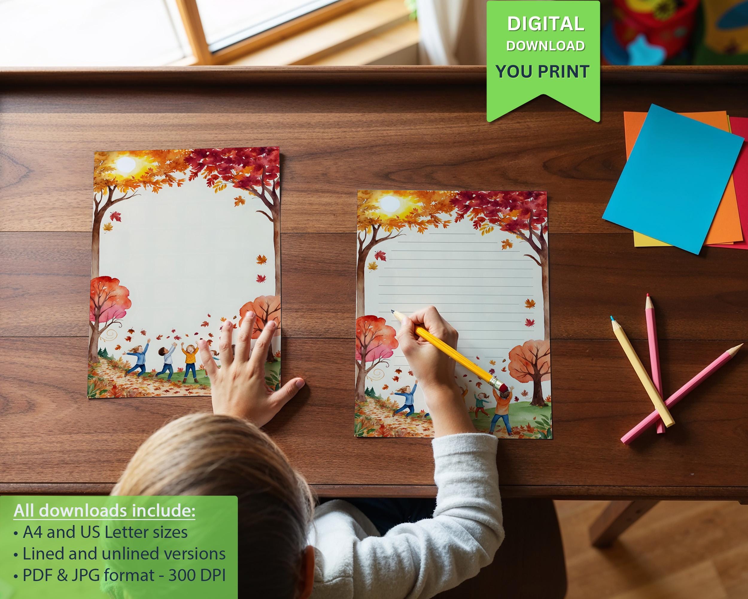 Autumn Writing Paper With Kids Playing in Falling Leaves and Vibrant ...