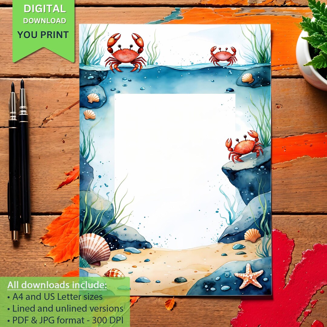 Crab Writing Paper: Ocean Theme Stationery (PDF Download) - Etsy