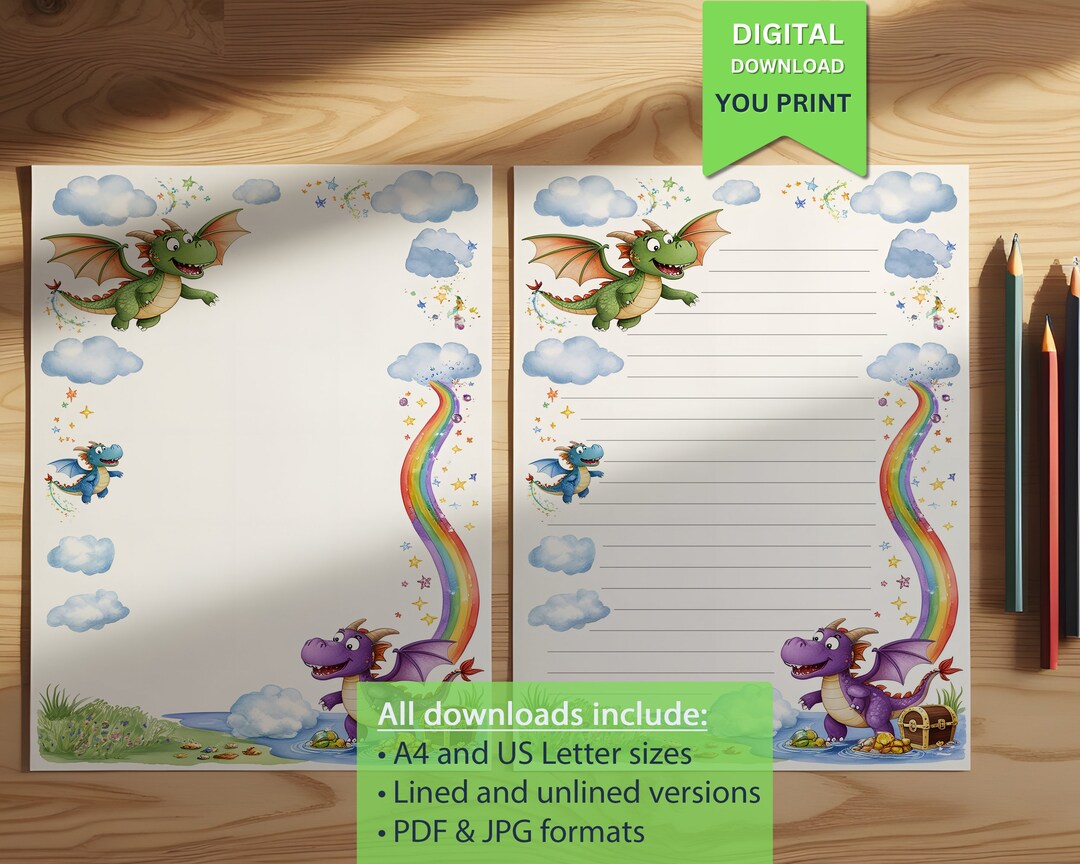 Dragon Writing Paper: Rainbow Fantasy Stationery for Kids (digital ...