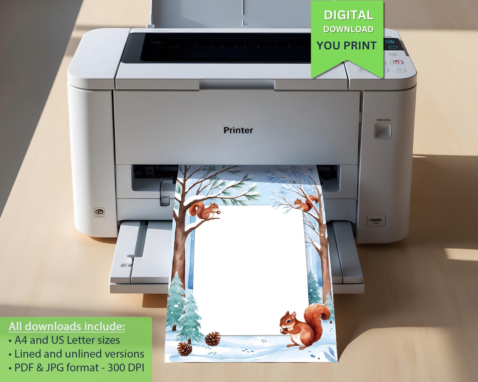 Winter Squirrel Digital Writing Paper - A4 US Letter Printable ...