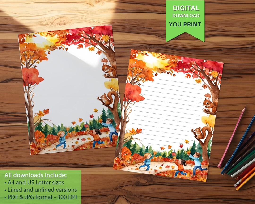 Autumn Writing Paper With Kids Playing and Squirrels in Fall Forest ...