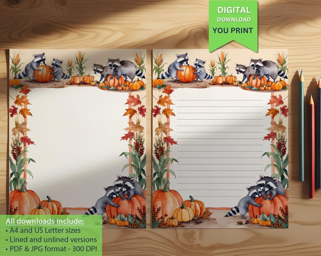 Rustic Autumn Raccoon Writing Paper | A4 and US Letter PDF | Fall ...
