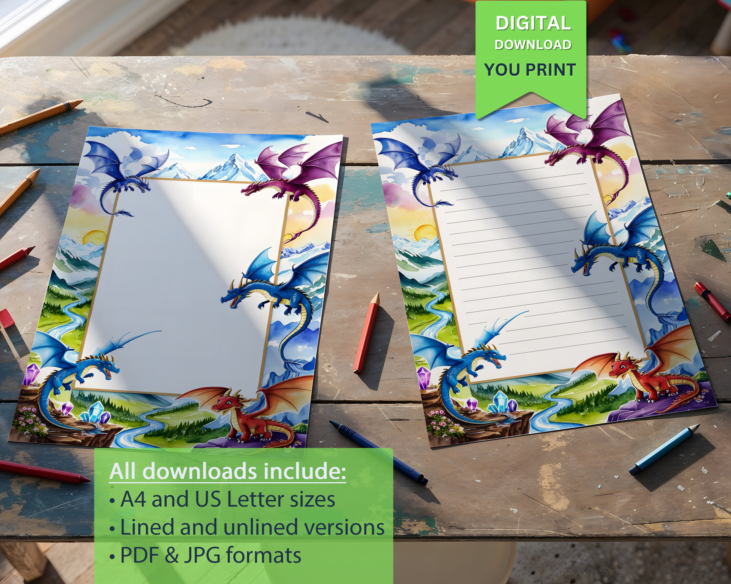 Printable Dragon-themed Writing Paper for Kids – Fantasy Stationery ...