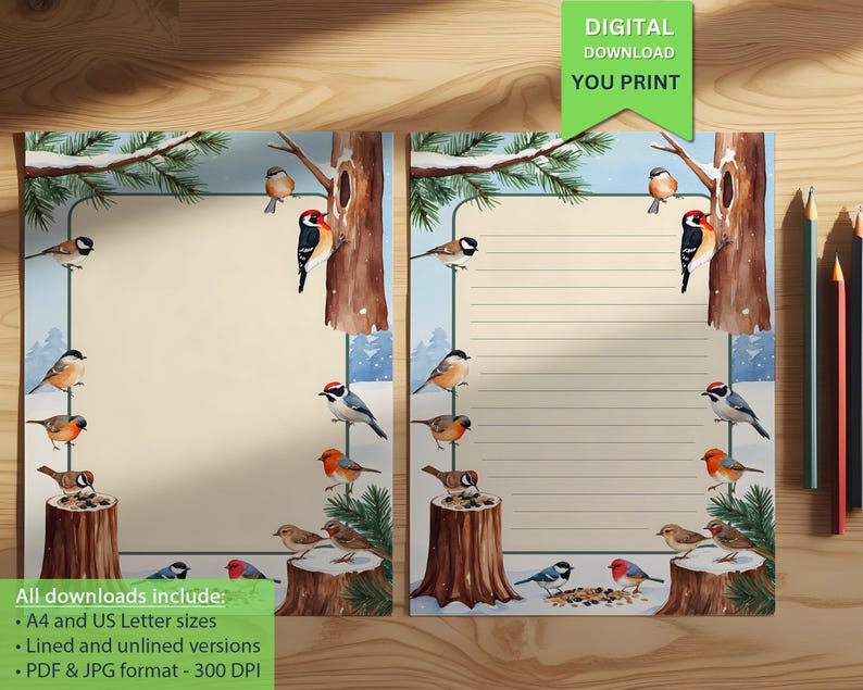 Winter Birds Writing Paper - A4 US Letter Printable Stationery - Snowy ...