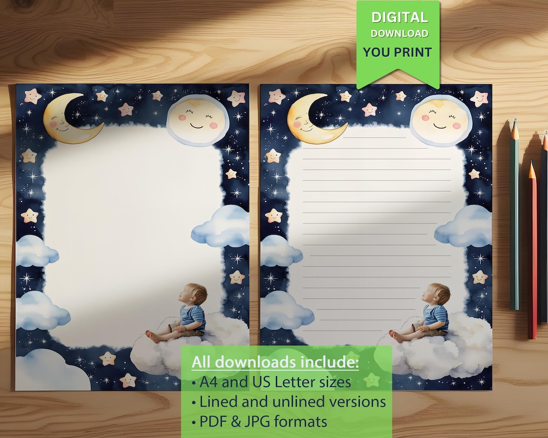 Printable Night Sky Stationery for Kids | Moon, Stars & Clouds Themed ...