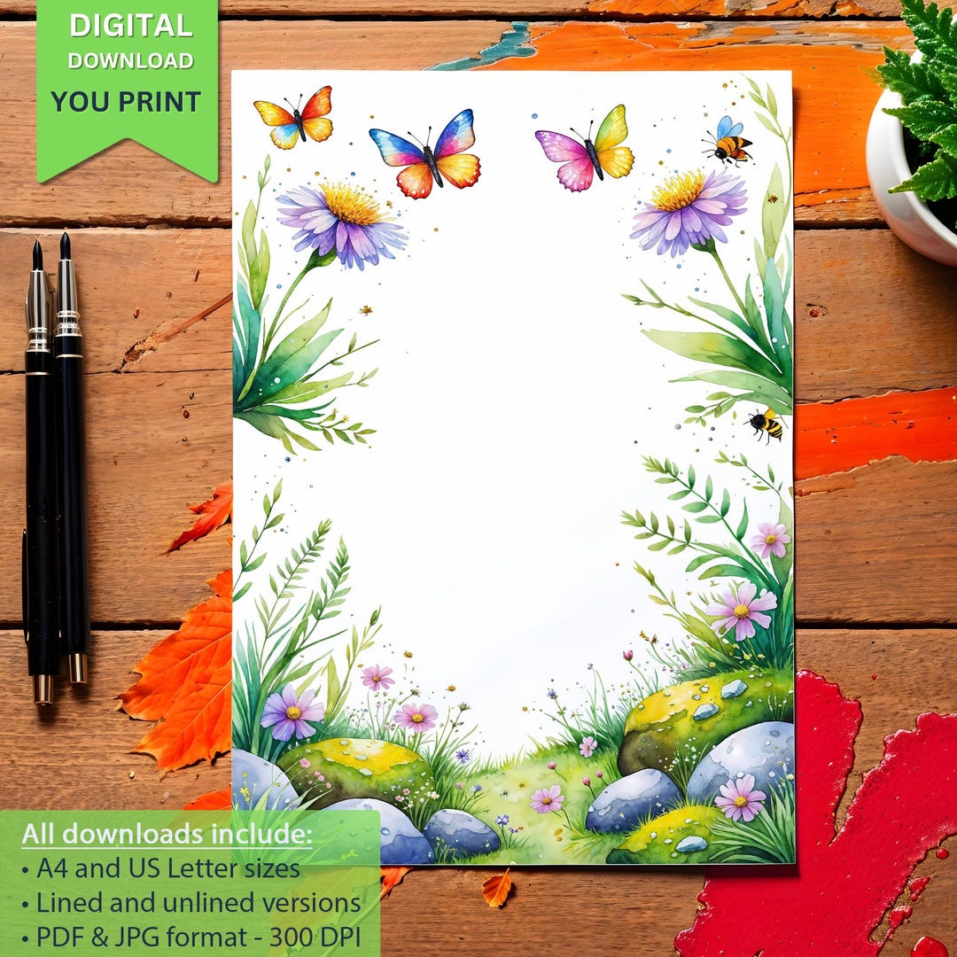 Butterfly Floral Stationery: Watercolor Letter Writing Paper (digital ...
