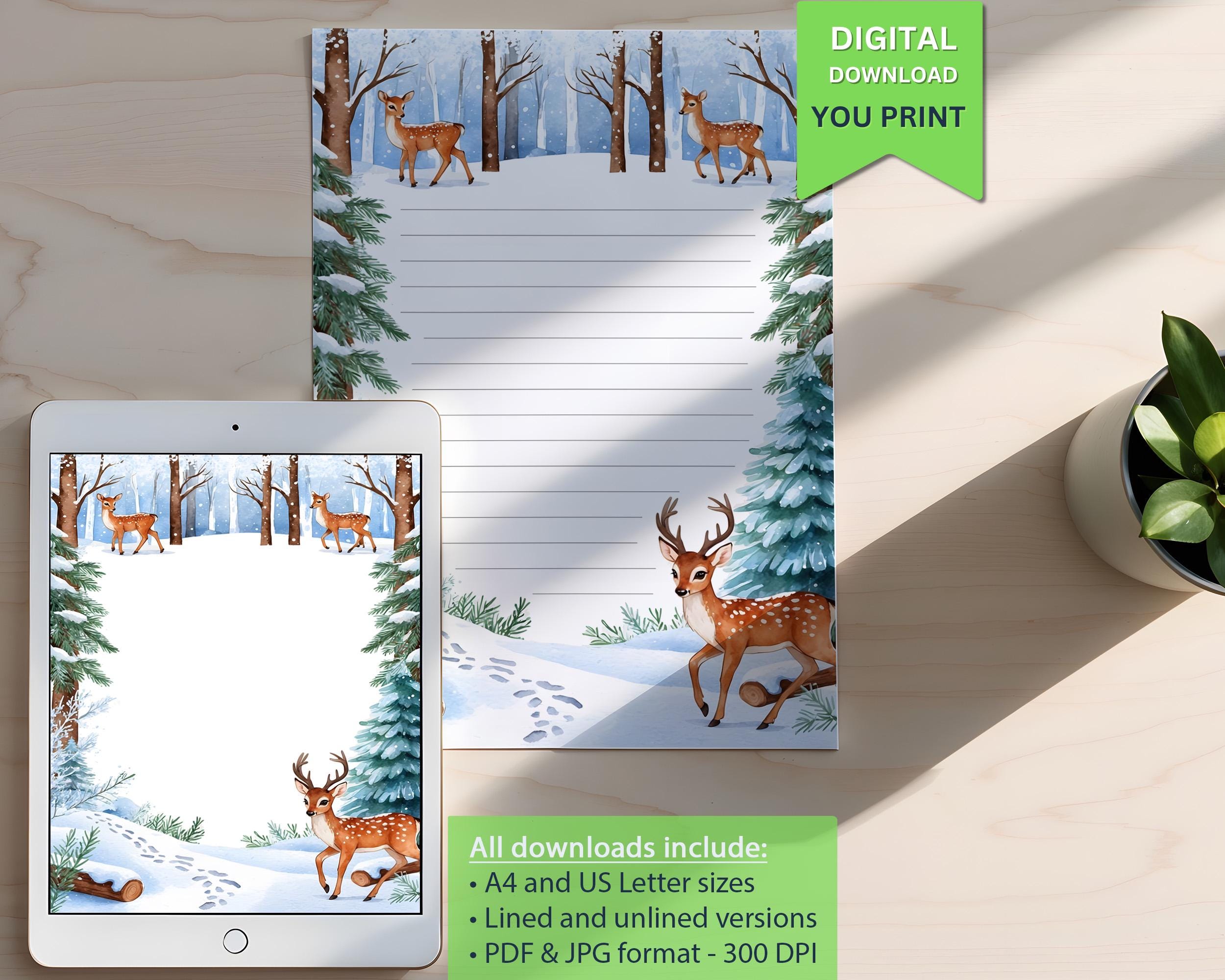 Winter Woodland Deer Writing Paper - A4 US Letter Printable Stationery ...