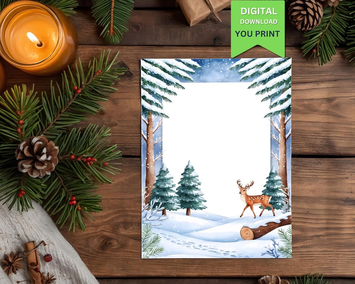 Winter Forest Deer Writing Paper - A4 US Letter Printable Stationery ...