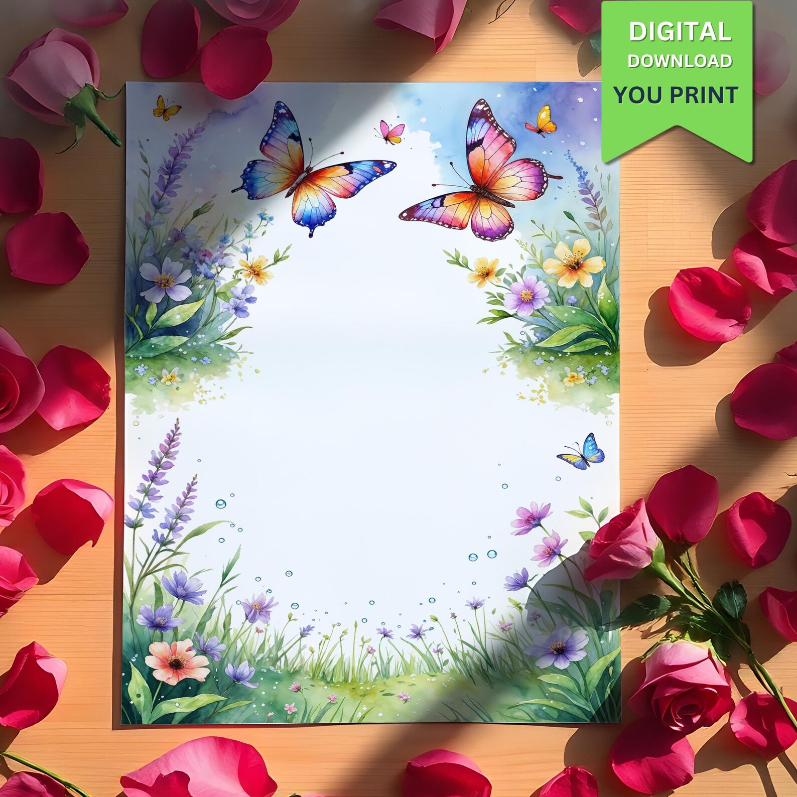 Butterfly Floral Stationery: Watercolor Letter Writing Paper (digital ...