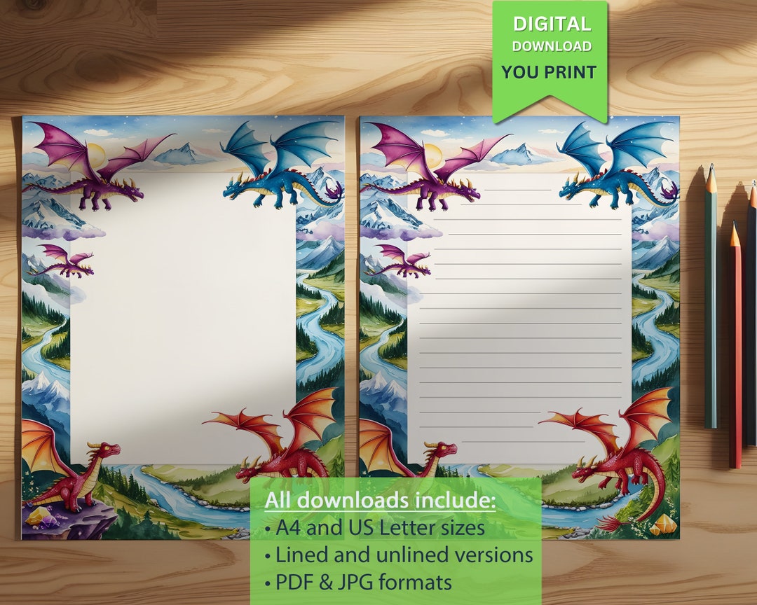 Printable Dragon Mountain-themed Writing Paper for Kids – Majestic ...
