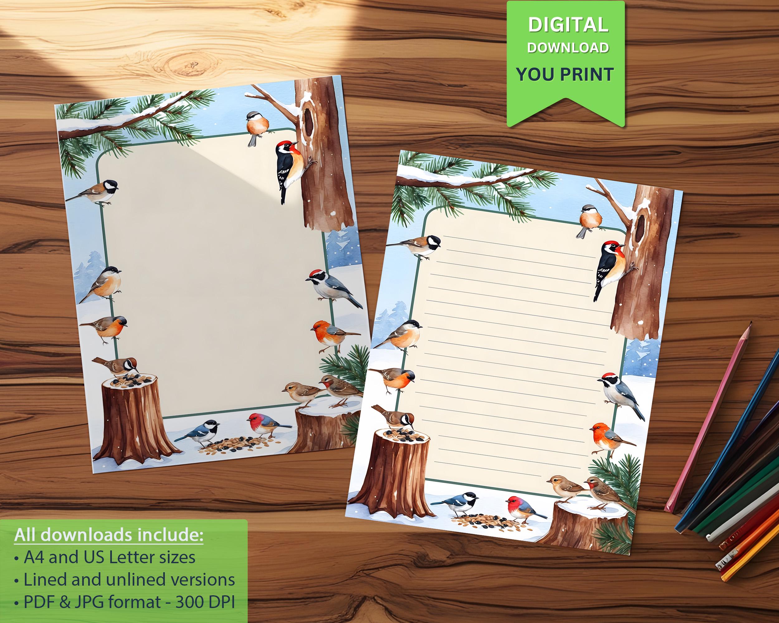 Winter Birds Writing Paper - A4 US Letter Printable Stationery - Snowy ...