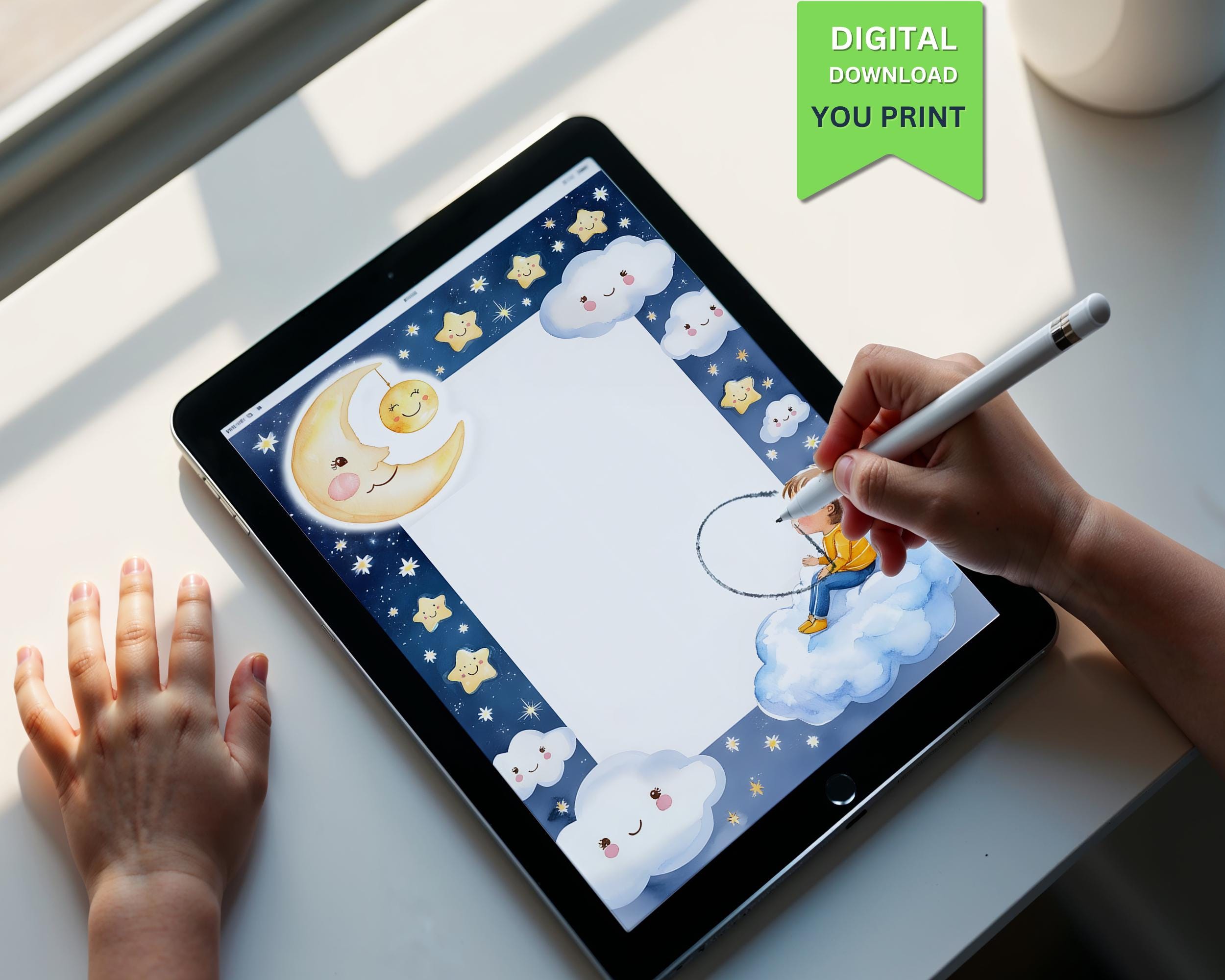 Printable Moon and Stars Writing Paper for Kids Dreamy Cloud Design for ...