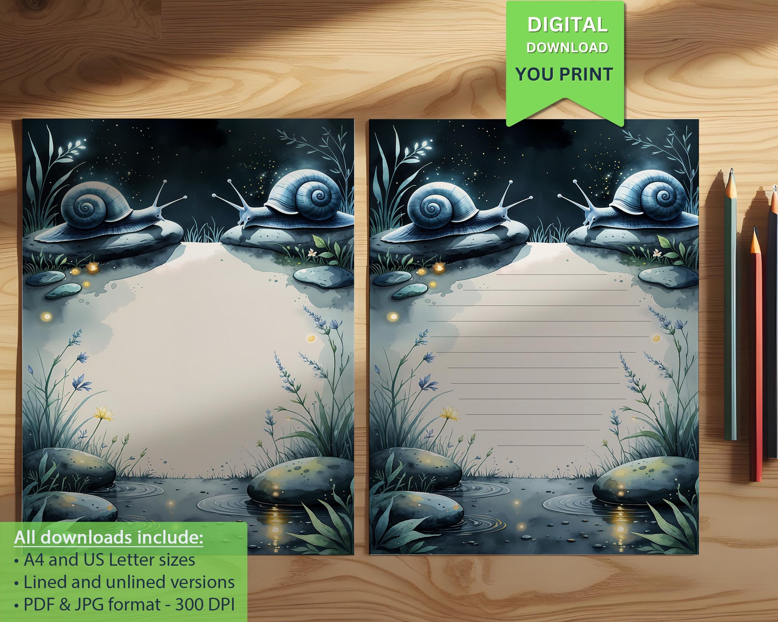 Printable Kids Writing Paper With Snails and Fireflies, Magical Night ...