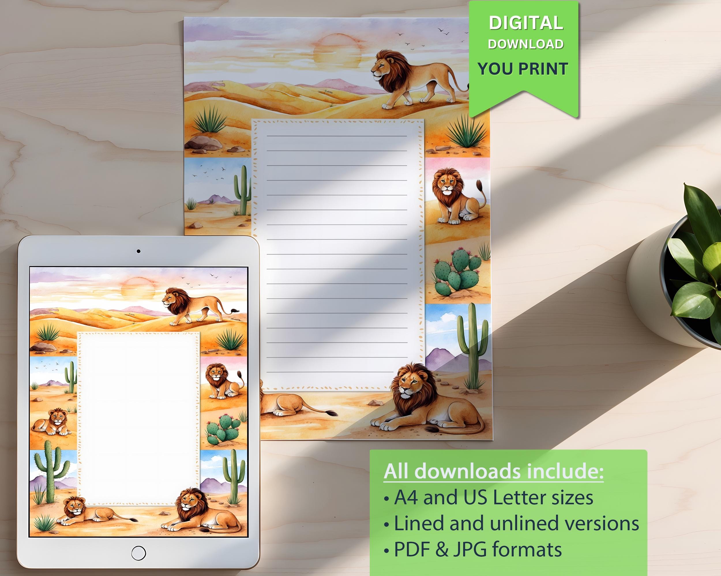Desert Lion-themed Printable Writing Paper for Kids Fun and Creative ...