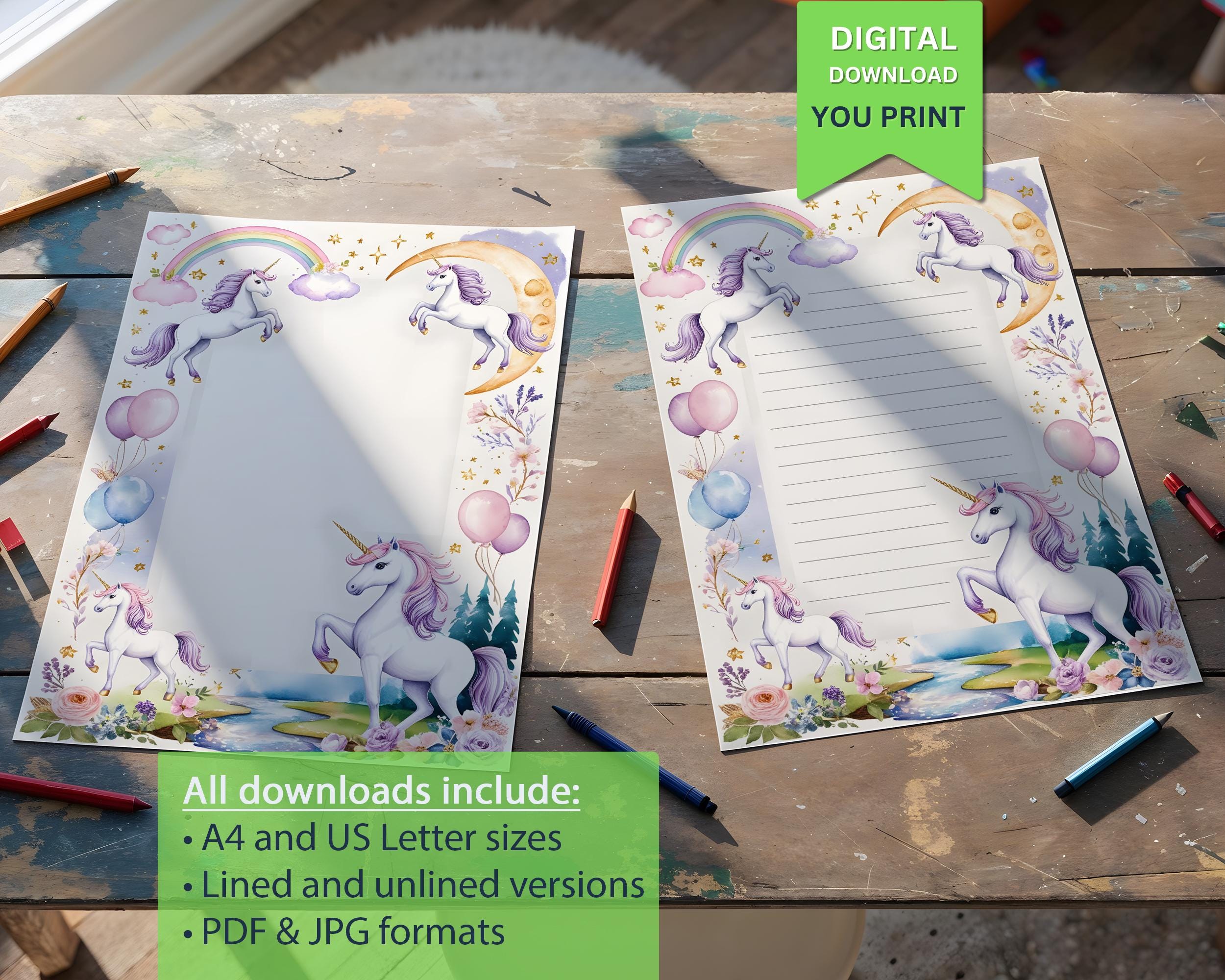Printable Unicorn Stationery for Kids – Rainbow, Moon, and Balloon ...