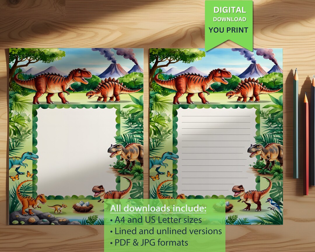 Colorful Dinosaur-themed Printable Writing Paper for Kids – Fun With T-rex, Stegosaurus, and ...