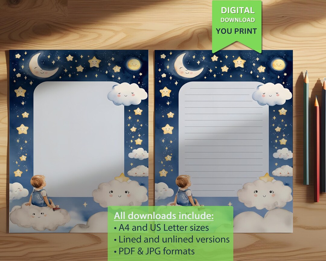 Printable Cloud and Stars Stationery | Whimsical Night Sky Design for ...
