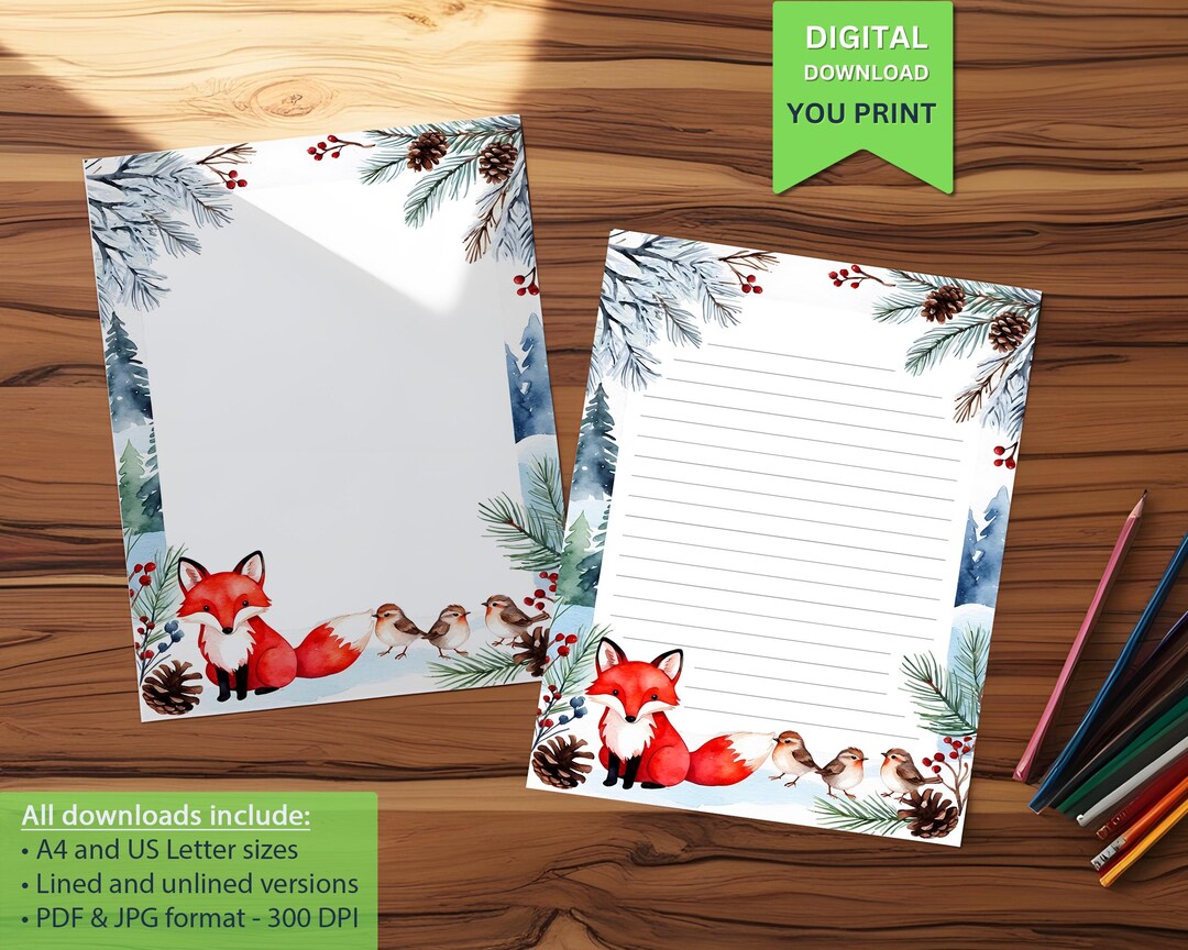 Winter Fox and Birds Digital Paper | Festive Woodland Writing Paper for ...