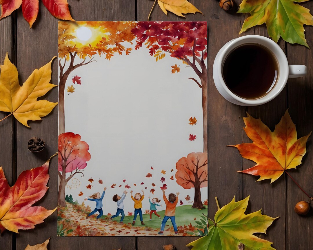 Autumn Writing Paper With Kids Playing in Falling Leaves and Vibrant ...