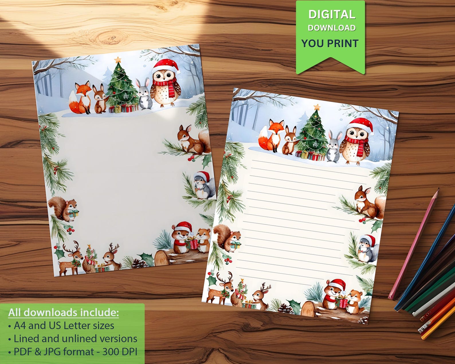 Woodland Christmas Writing Paper With Cute Forest Animals and Festive ...