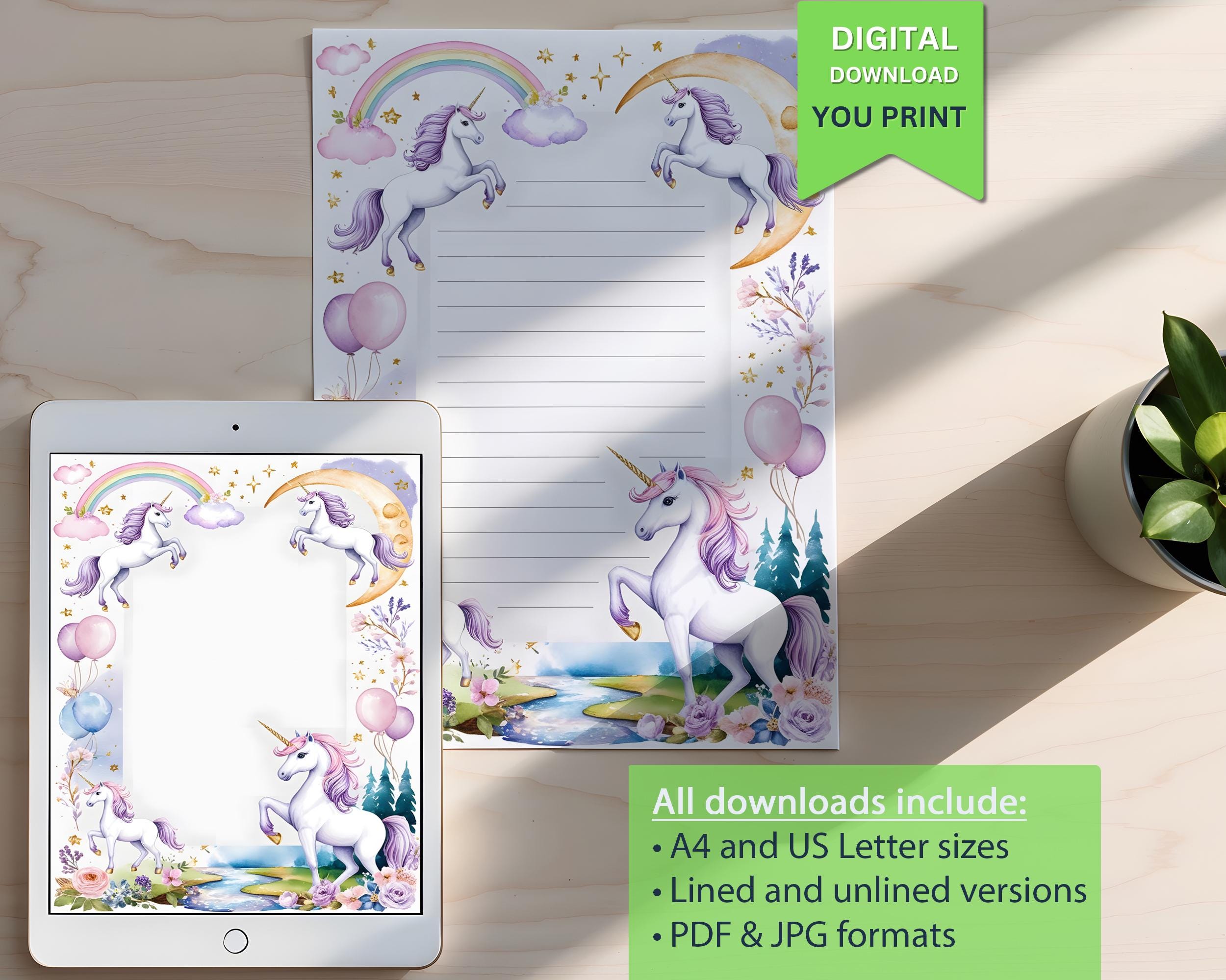 Printable Unicorn Stationery for Kids Rainbow, Moon, and Balloon-themed ...