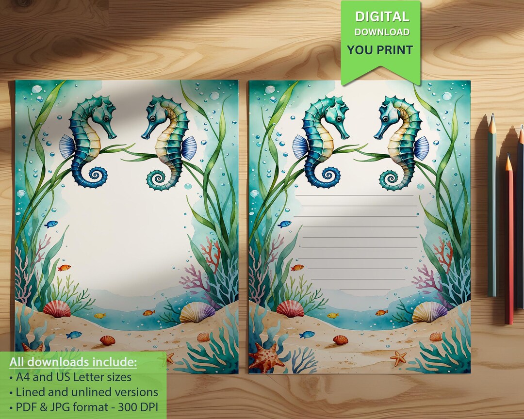 Printable Kids Writing Paper With Cute Seahorses, Underwater Ocean ...
