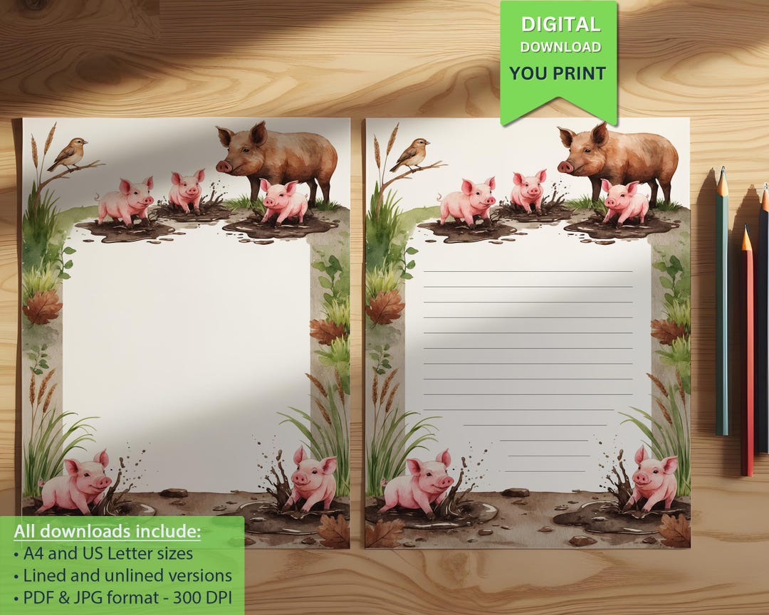 Playful Piglet Muddy Fun Writing Paper | A4 and US Letter PDF | Farm ...