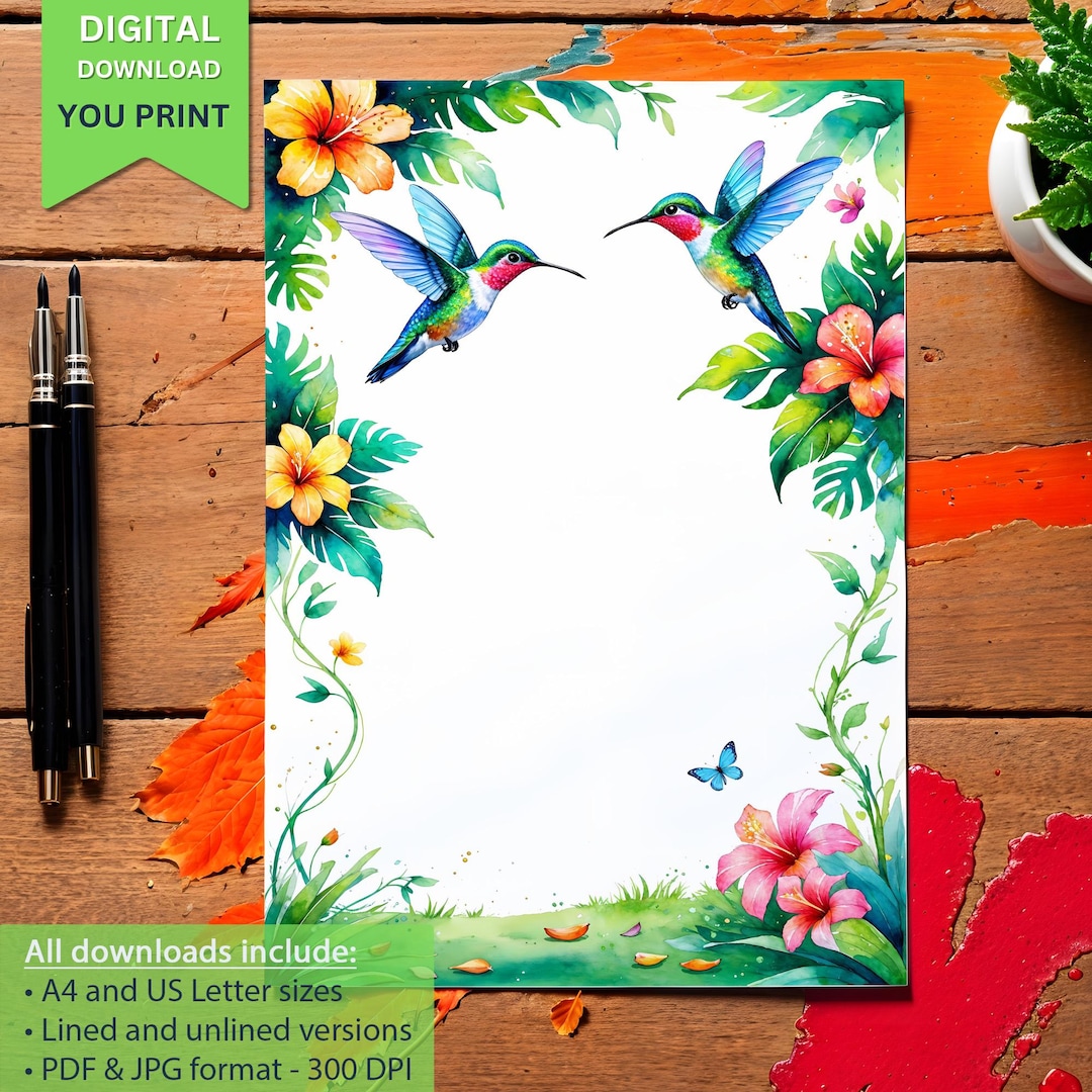 Hummingbird Printable Stationery, Tropical Floral Writing Paper ...