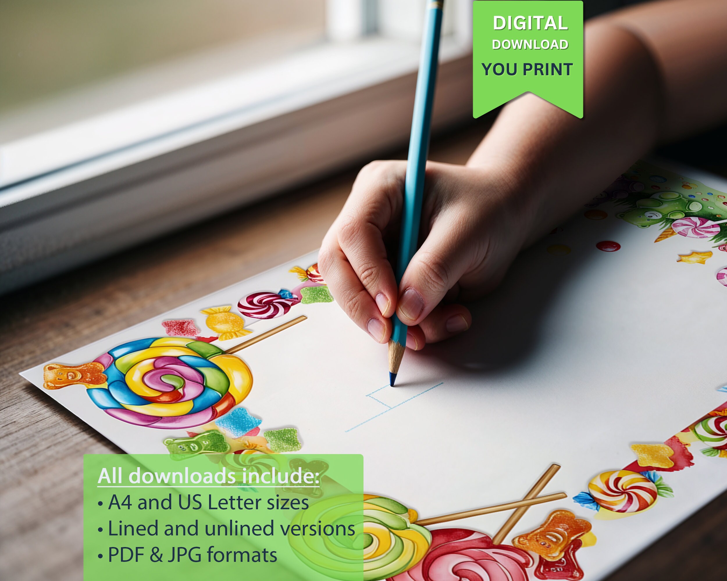 Colorful Candy-themed Printable Writing Paper for Kids With Gummy Bears ...