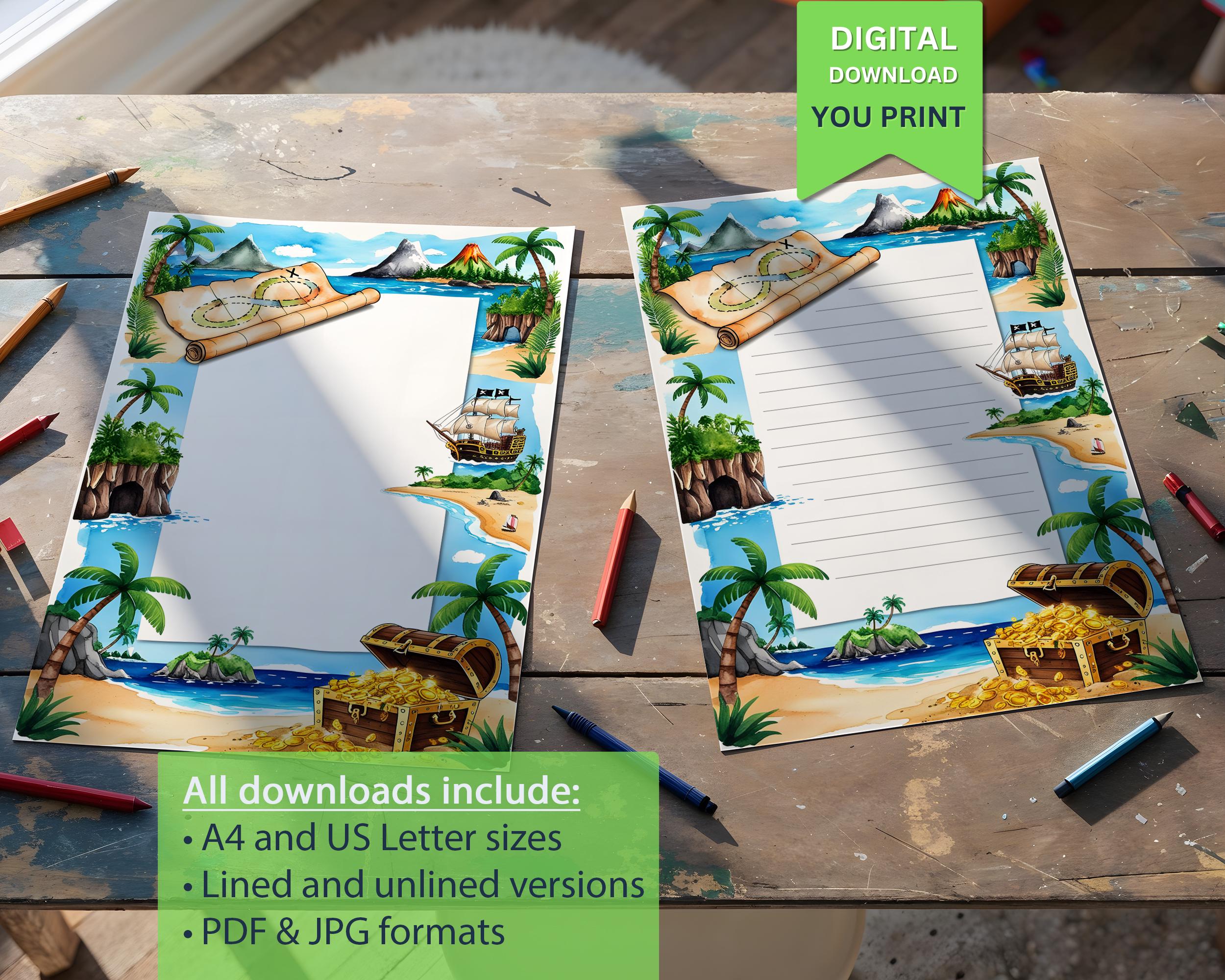 Printable Pirate-themed Treasure Map Writing Paper for Kids, Fun Island ...