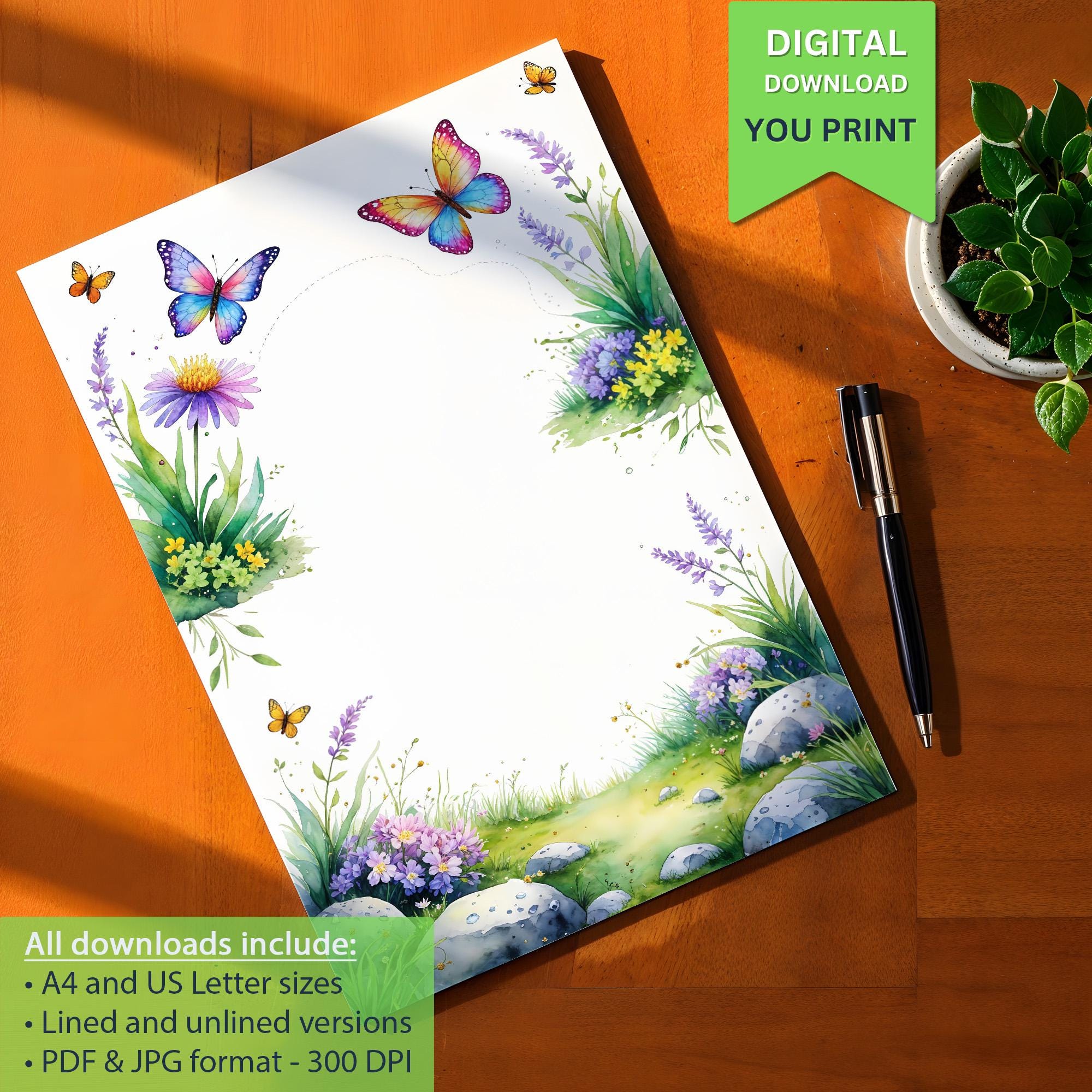 Butterfly Printable Stationery, Floral Writing Paper, Watercolor Garden ...