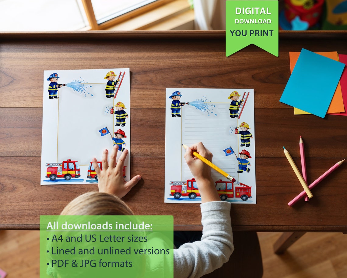 Printable Firefighter-themed Writing Paper for Kids Fun Fire Truck and ...