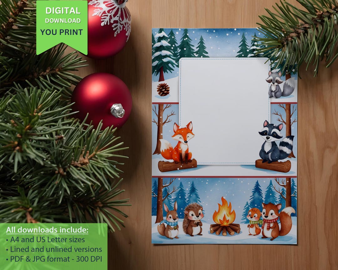 Winter Woodland Animals Writing Paper A4 US Letter Printable Stationery ...