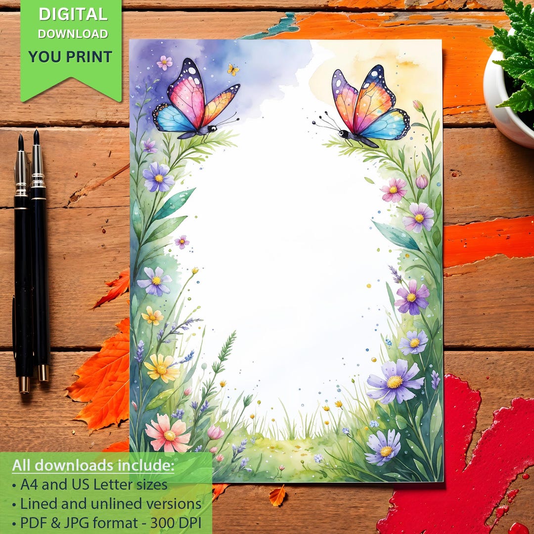 Printable Kids Writing Paper With Butterflies and Wildflowers, Spring Meadow Theme, Digital ...