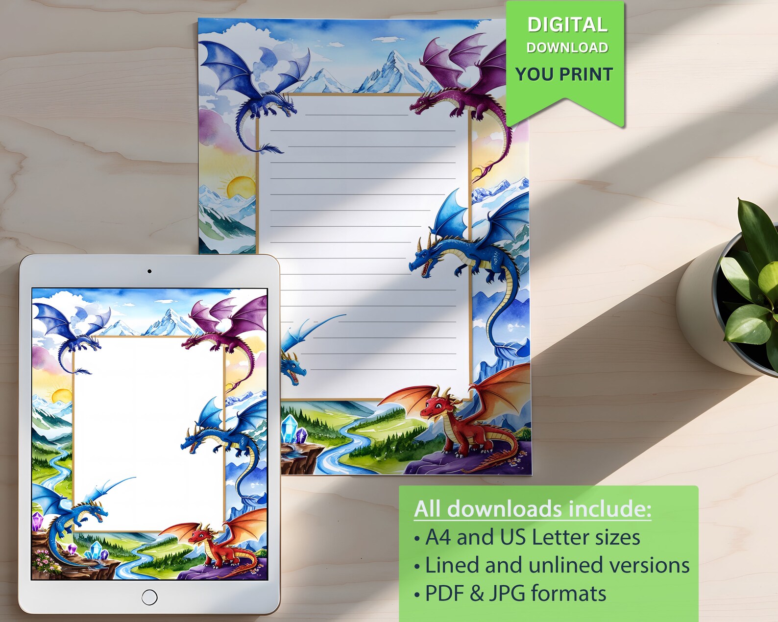 Printable Dragon-themed Writing Paper for Kids – Fantasy Stationery ...