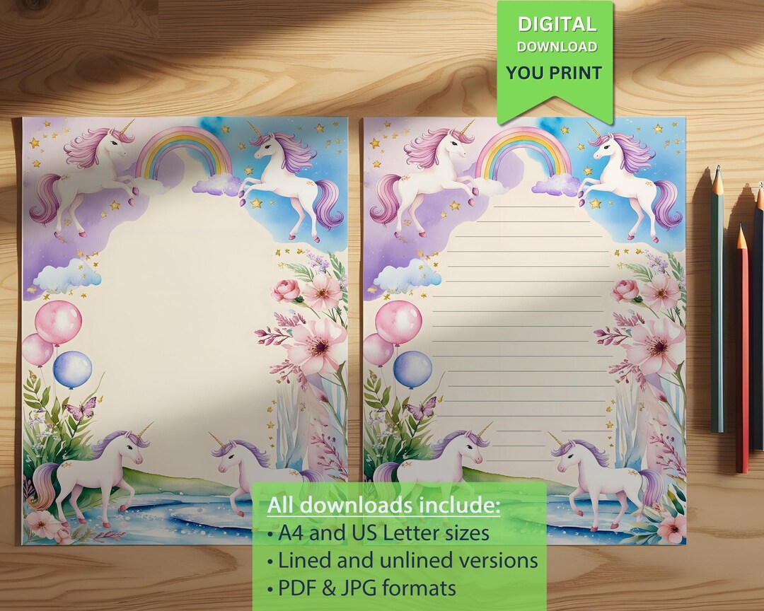 Magical Unicorn Stationery for Kids Printable Unicorn-themed Writing ...
