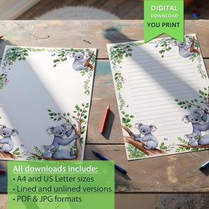 Koala-themed Printable Lined Paper for Kids | Fun Animal Stationery for ...