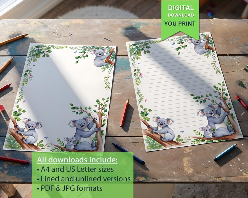Koala-themed Printable Lined Paper for Kids | Fun Animal Stationery for ...