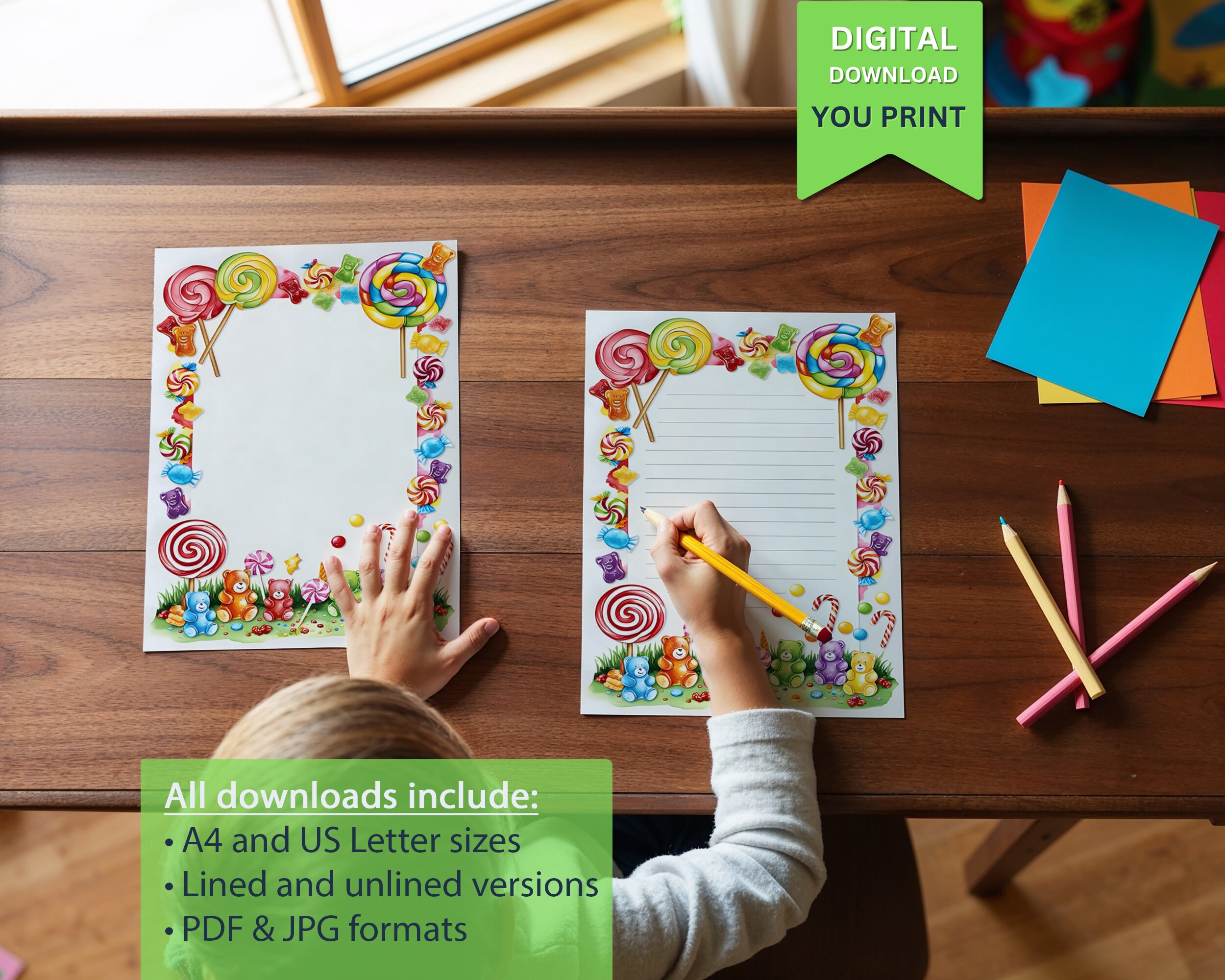 Colorful Candy-themed Printable Writing Paper for Kids With Gummy Bears ...