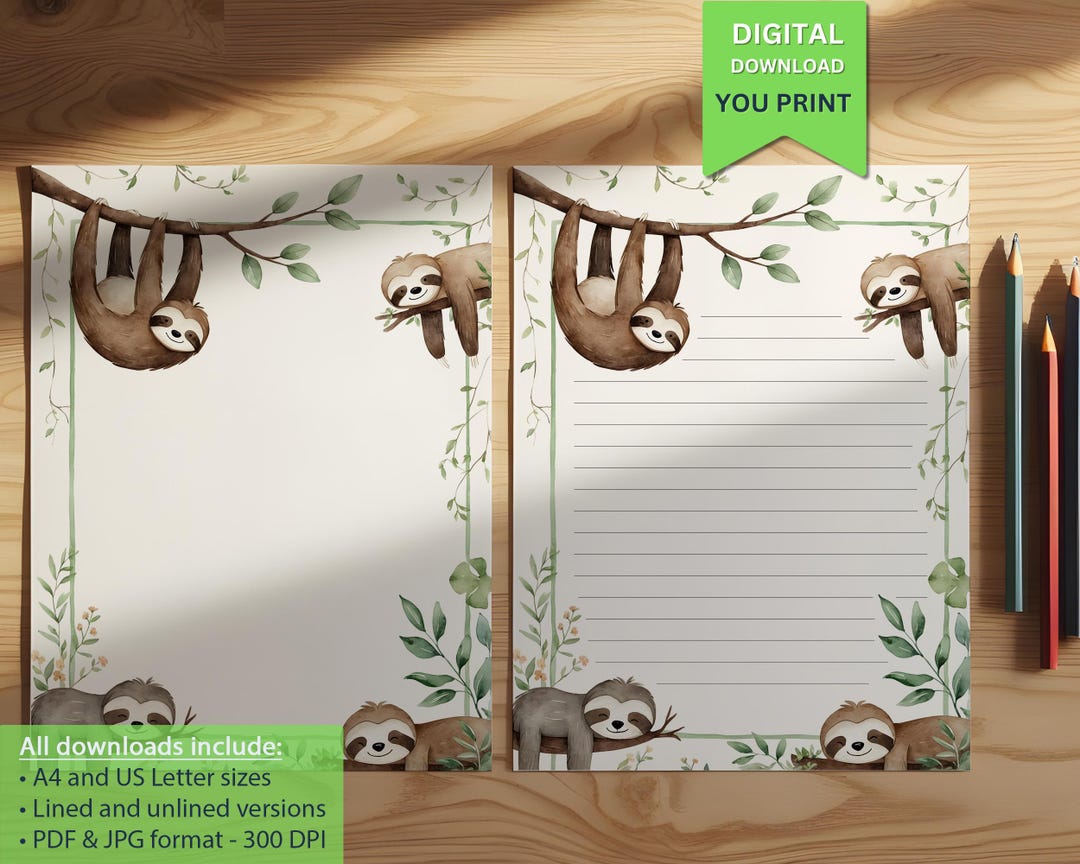 Cute Sloth-themed Printable Writing Paper for Kids | A4 and US Letter ...