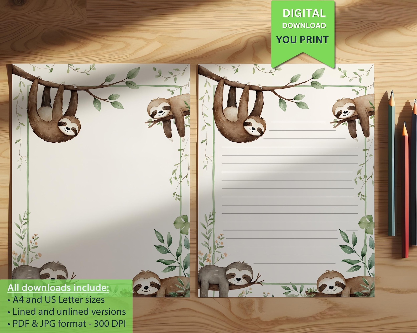 Cute Sloth-themed Printable Writing Paper for Kids | A4 and US Letter ...