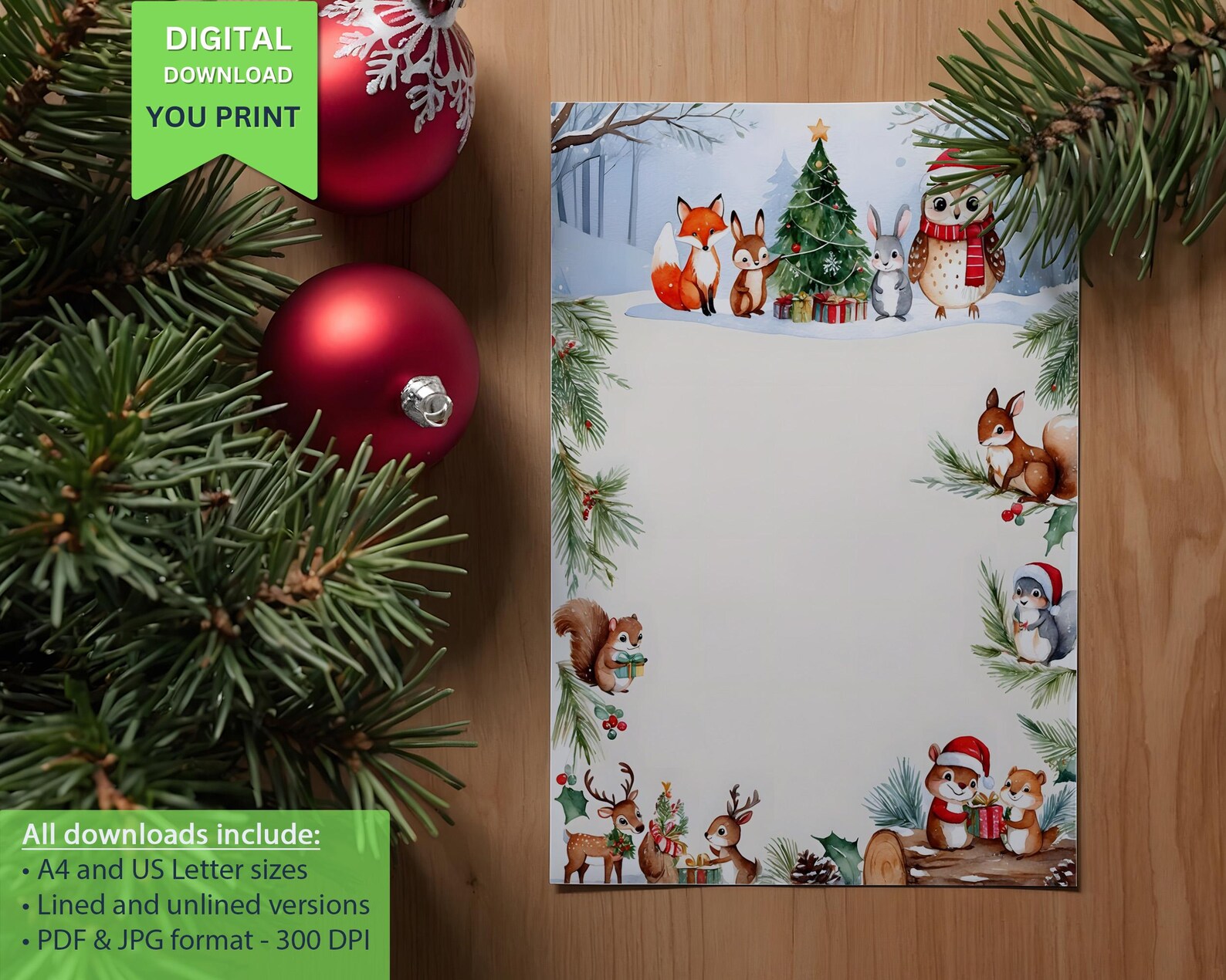 Woodland Christmas Writing Paper With Cute Forest Animals and Festive ...
