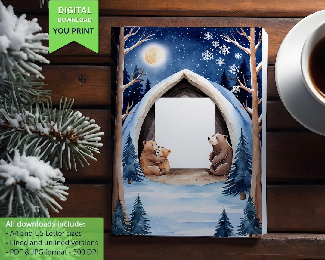 Cozy Winter Bear Writing Paper | A4 & US Letter PDF | Nighttime Forest ...