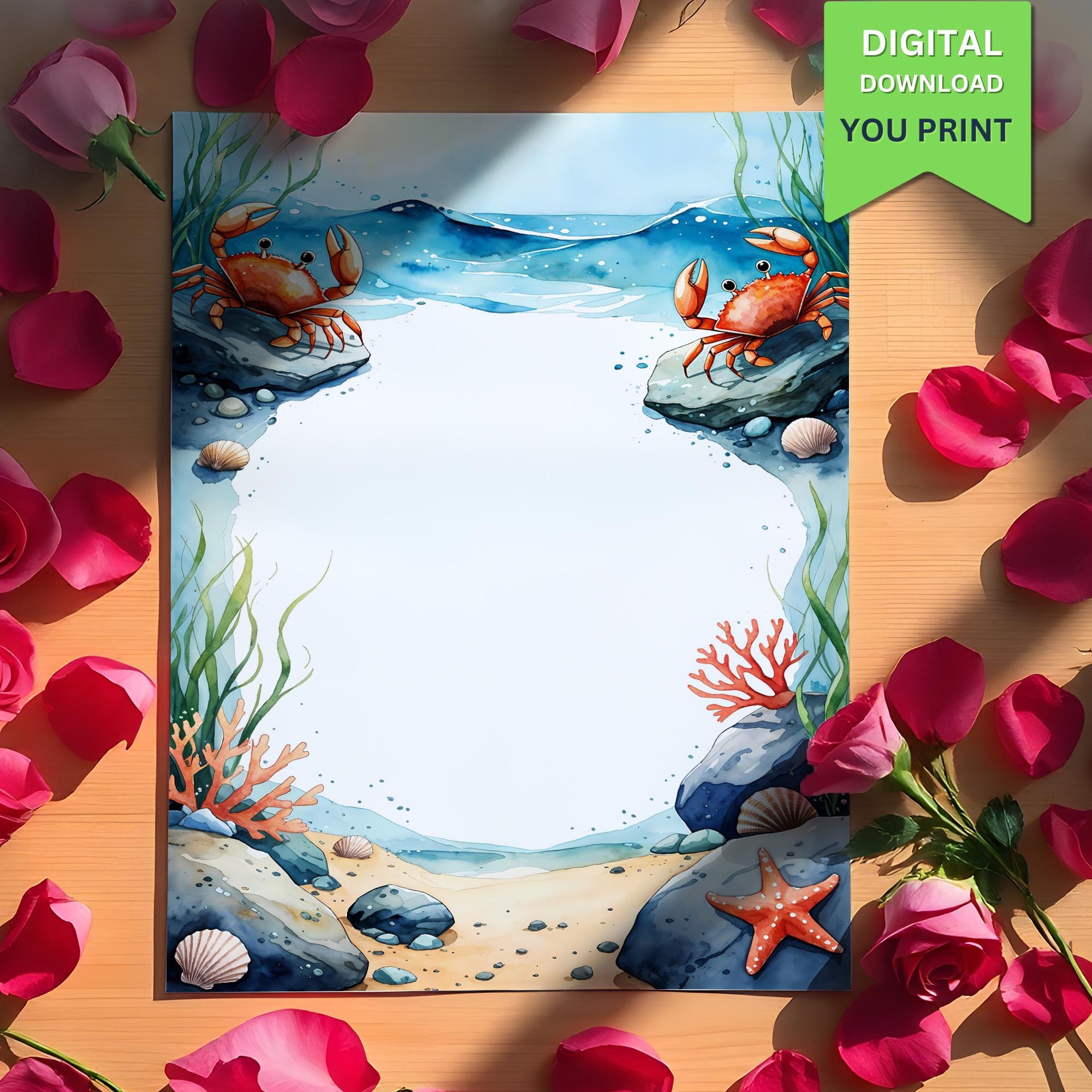 Printable Kids Writing Paper With Crabs and Ocean Theme, Underwater ...