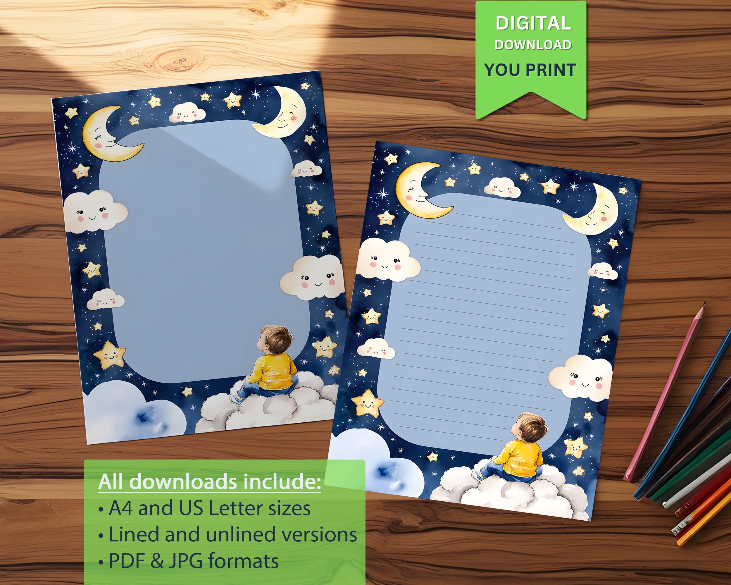 Printable Cute Moon and Stars Stationery for Kids | Adorable Cloud ...
