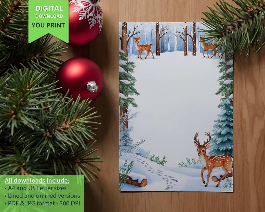 Winter Woodland Deer Writing Paper - A4 US Letter Printable Stationery ...