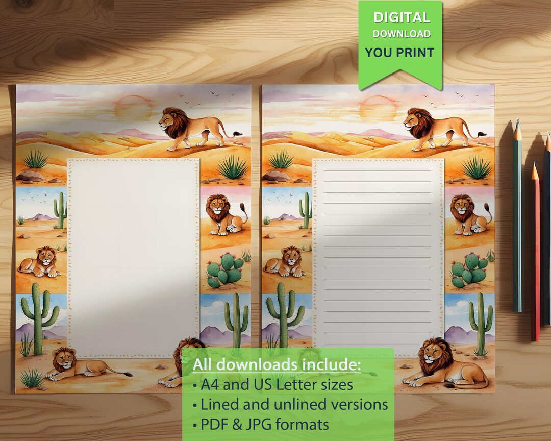 Desert Lion-themed Printable Writing Paper for Kids Fun and Creative ...